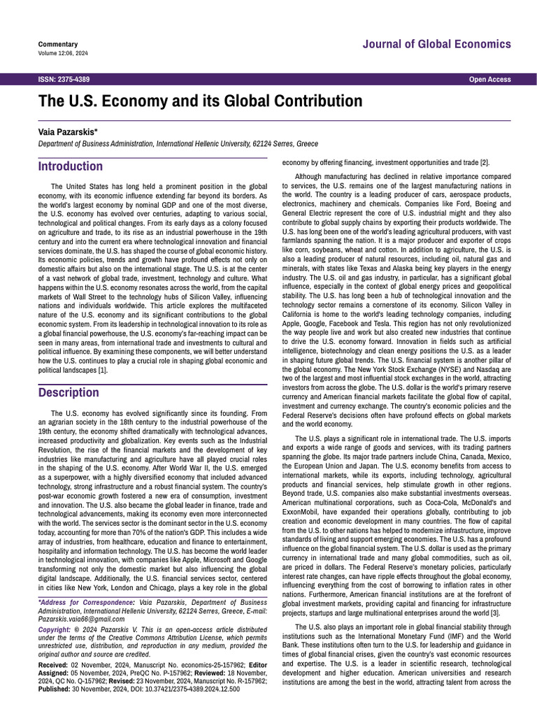 The Us Economy and Its Global Contribution | PDF | Economy Of The ...