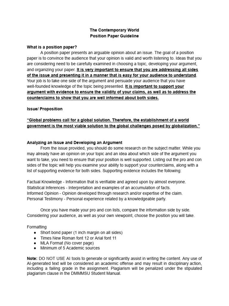 Position Paper Guidelines for Global Issues | PDF | Argument | Knowledge