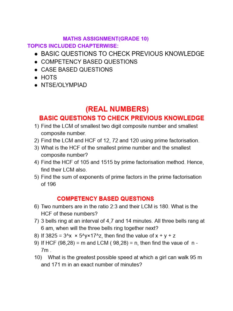 Class 10 Maths Assignment 2025 | PDF | Factorization | Numbers