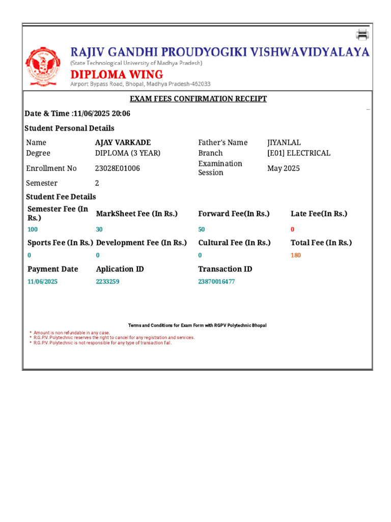 Exam Fees Confirmation Receipt | PDF
