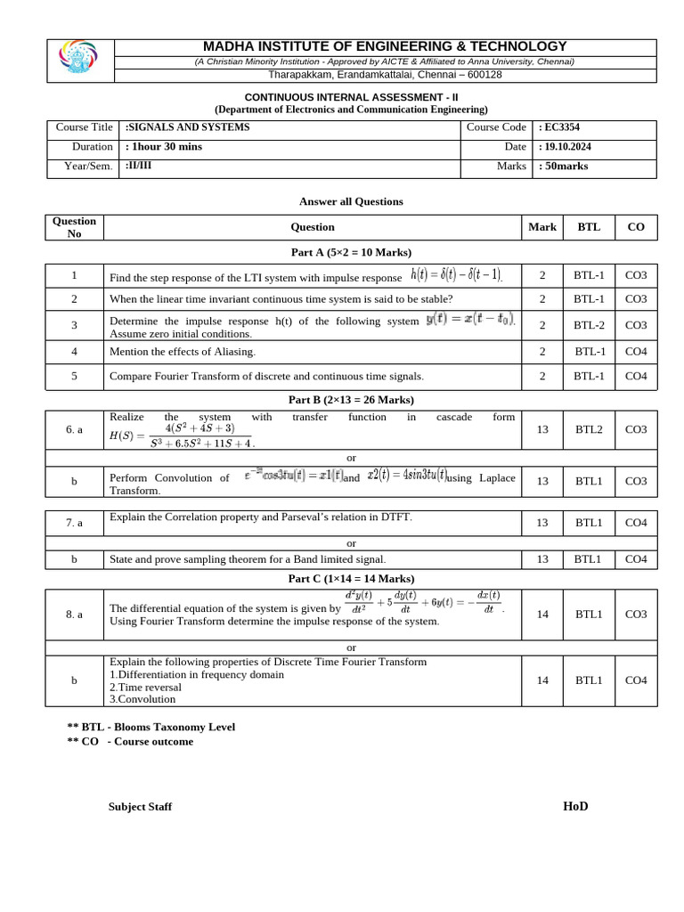 Signals and Systems CIA II | PDF | Harmonic Analysis | Electrical ...