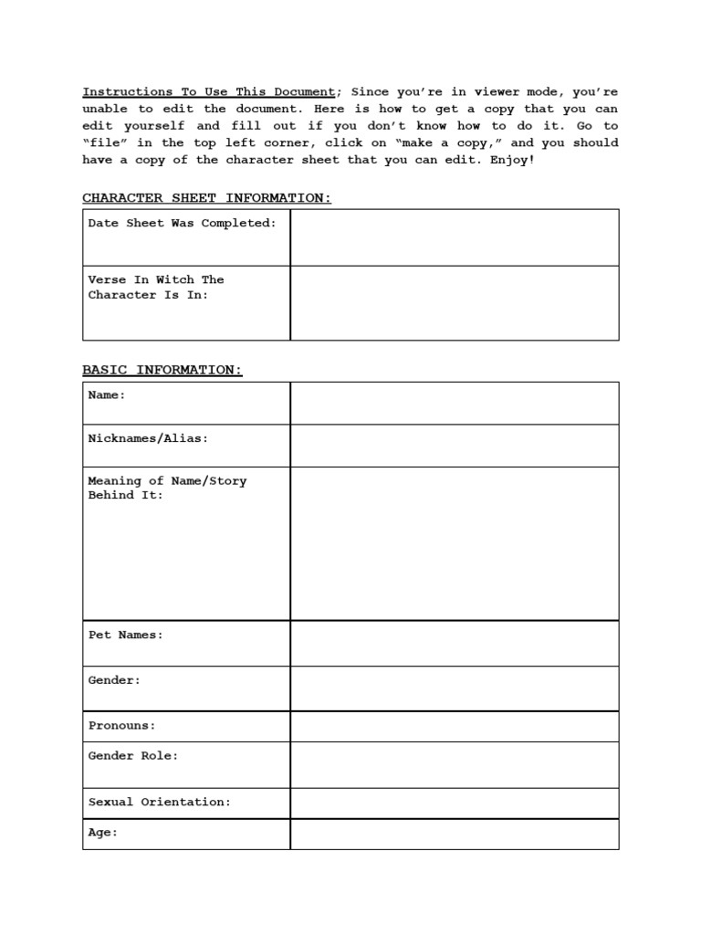 Editable Character Sheet Template | PDF | Shadow (Psychology)