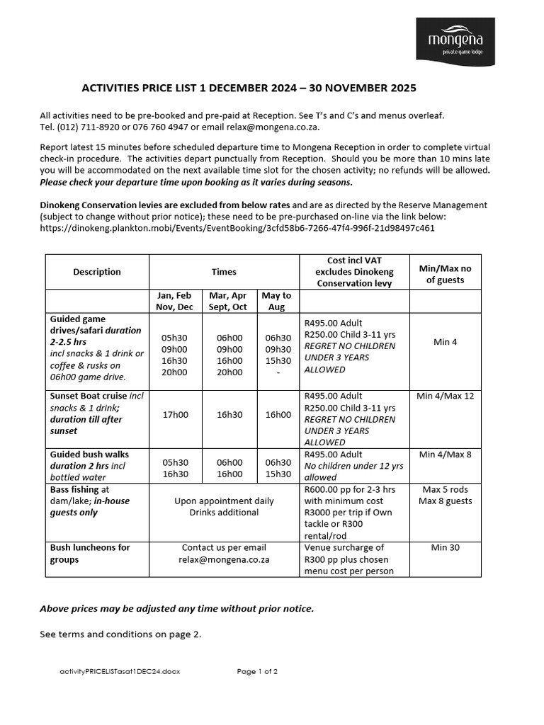 Mongena Game Lodge Activity Prices | PDF | Drink