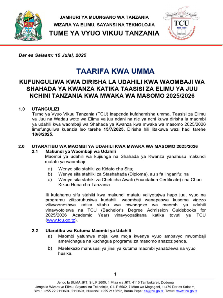 Kufunguliwa Kwa Dirisha La Kwanza La Udahili Kwa Mwaka Wa Masomo 2025 ...