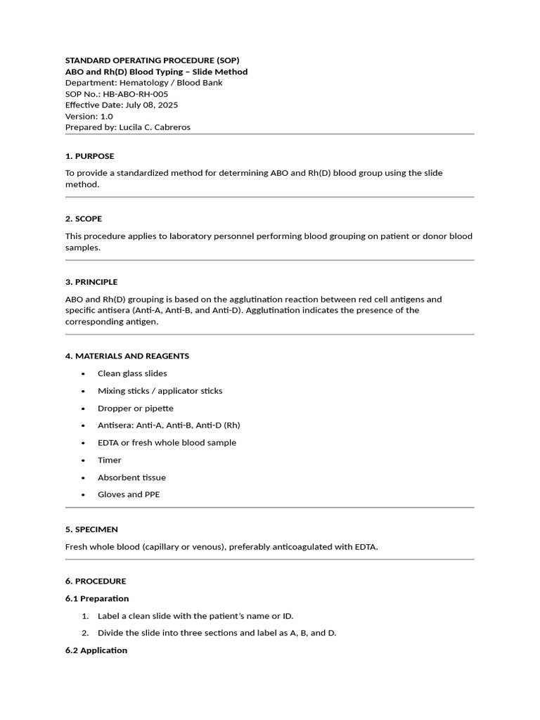 SOP for ABO and Rh Blood Typing Slide Method | PDF | Blood Type | Body ...