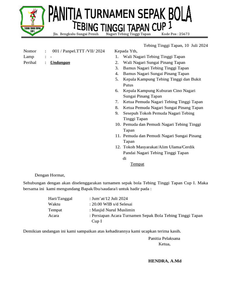 Undangan Turnamen Sepak Bola TTT Cup I | PDF