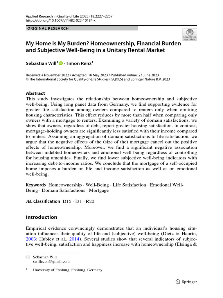 My Home Is My Burden? Homeownership, Financial Burden and Subjective ...