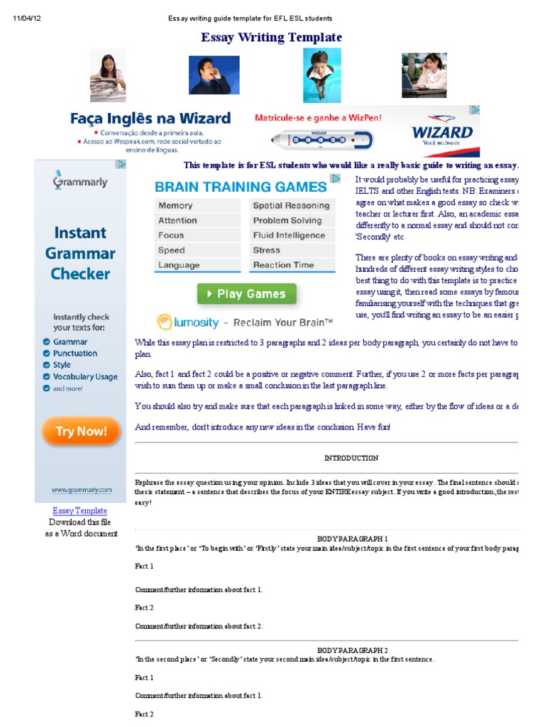 Essa Writing Template Guide for EFL ESL Students | PDF | Essays ...