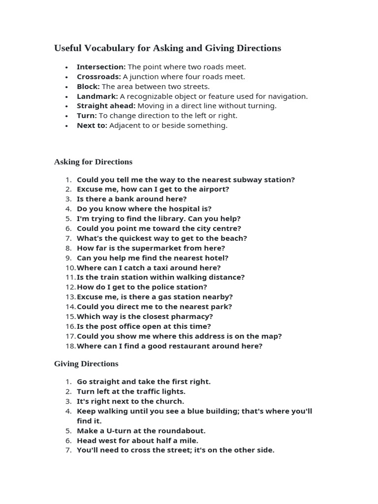 Vocabulary for Asking Directions | PDF