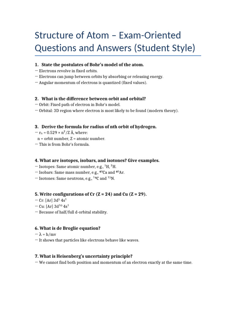 Exam Q&A on Atomic Structure Concepts | PDF | Atomic Orbital | Electron