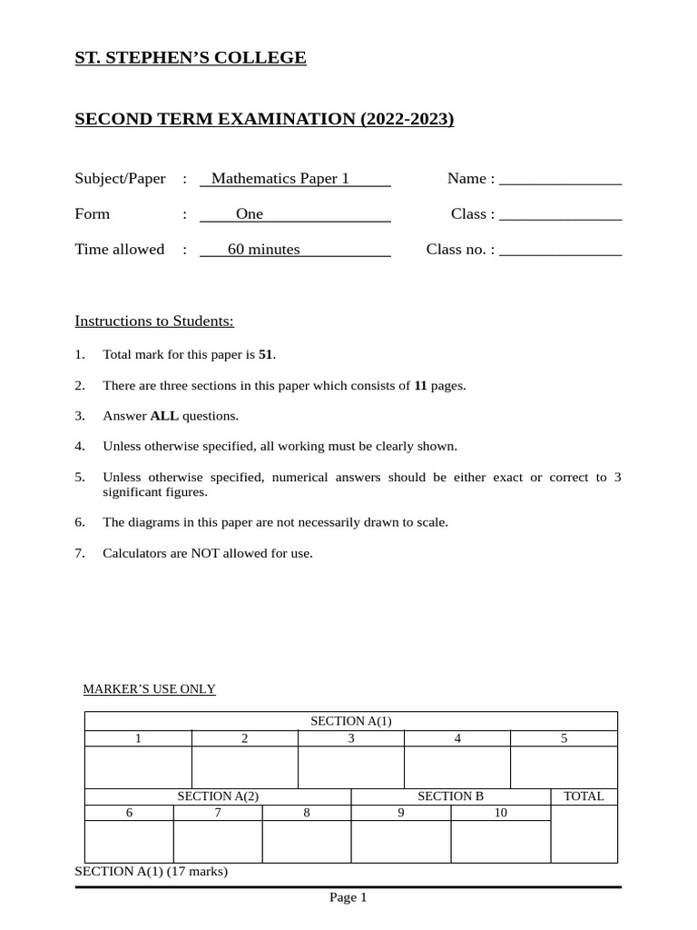 (2022-23) F.1 2nd Term Examination Paper 1 | PDF | Area | Geometry