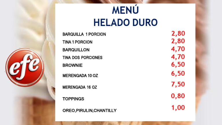 Menú de Helados y Barquillon | PDF