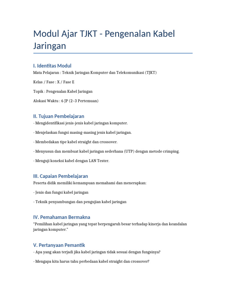 Modul Ajar TJKT Kabel Jaringan | PDF