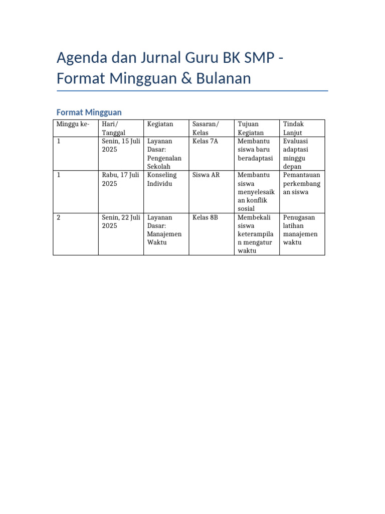 Format Mingguan Bulanan Guru BK SMP | PDF