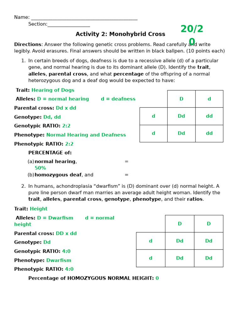 Mono and Dihybrid Cross ANSWER KEY | PDF | Dominance (Genetics) | Genotype