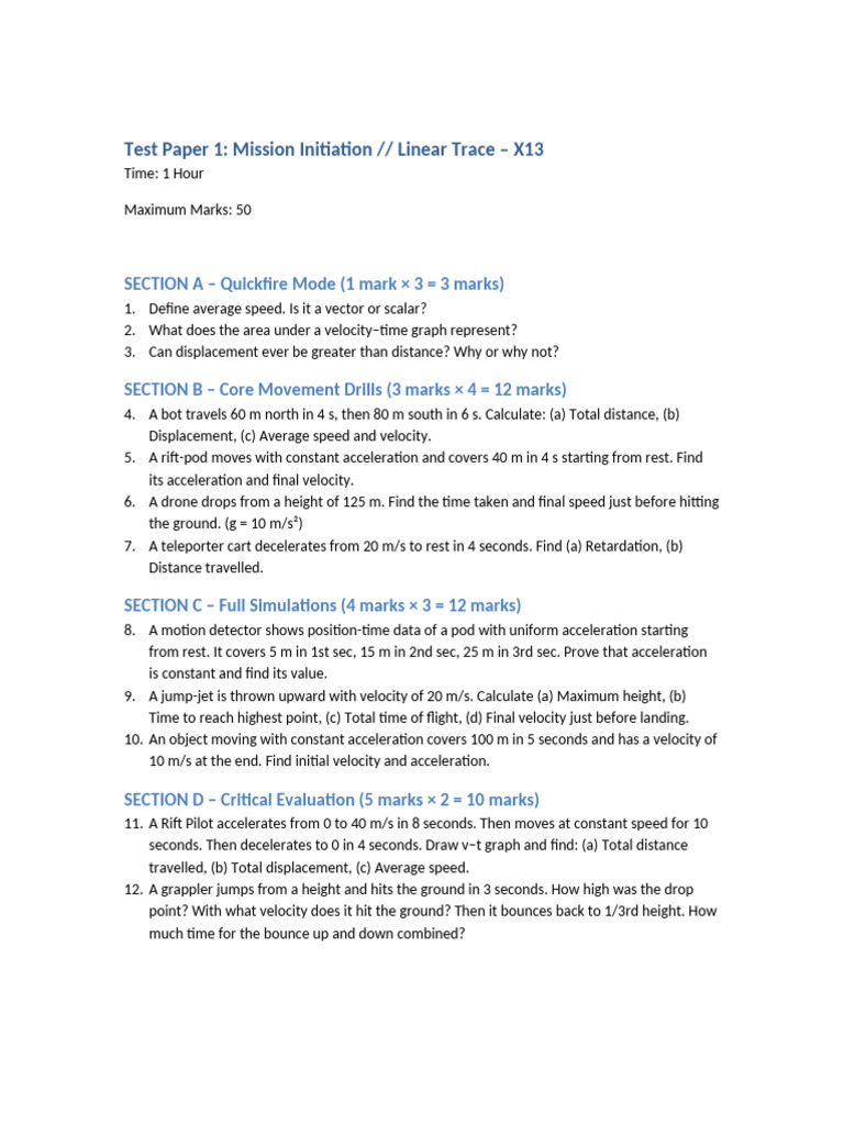 Motion in Straight Line Test Papers by Jinx | PDF | Acceleration | Velocity