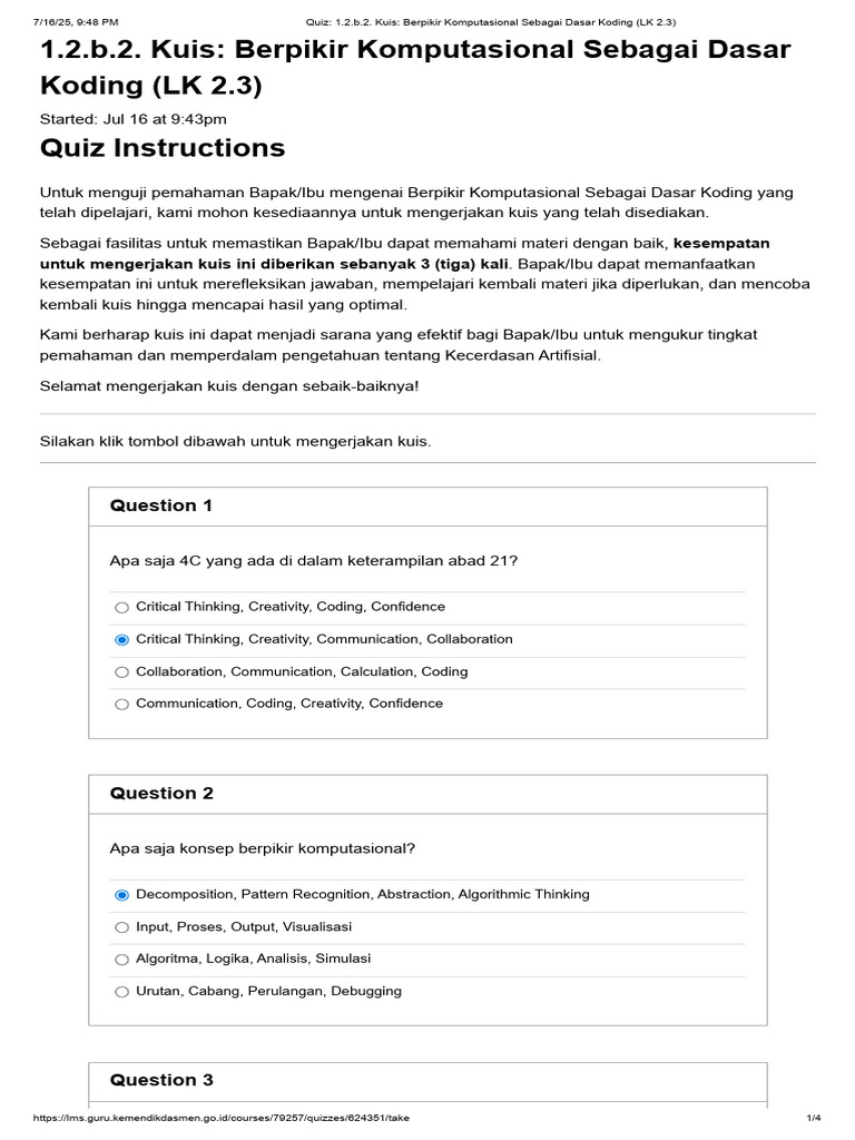 Quiz - 1.2.b.2. Kuis - Berpikir Komputasional Sebagai Dasar Koding (LK 2.3) | PDF