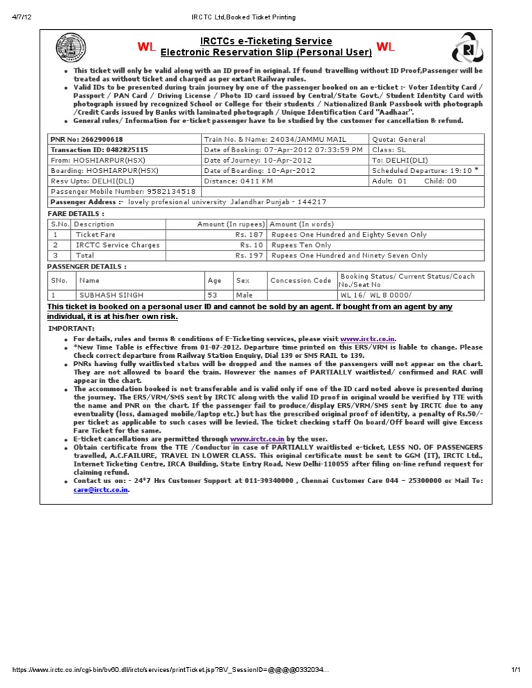 IRCTC E-Ticket Booking Details | PDF | Identity Document | Ticket ...