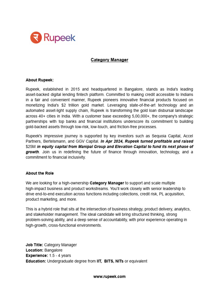 Category Manager Role at Rupeek | PDF | Leadership | Analytics