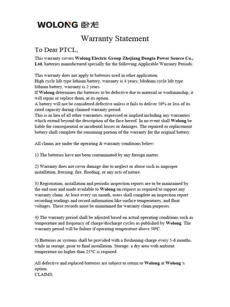 Wolong Battery Warranty Guidelines | PDF | Lithium Ion Battery ...