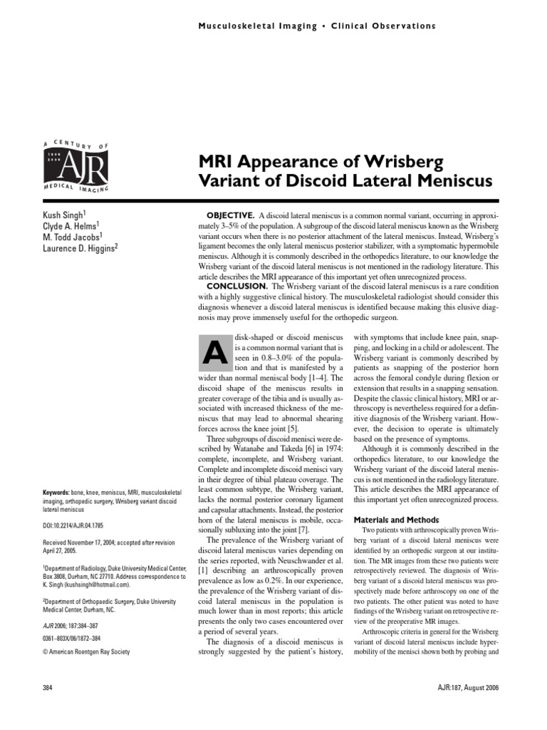 Singh Et Al 2012 Mri Appearance of Wrisberg Variant of Discoid Lateral ...