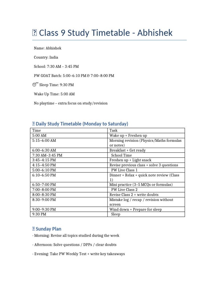 Class 9 Study Timetable 2024 | PDF