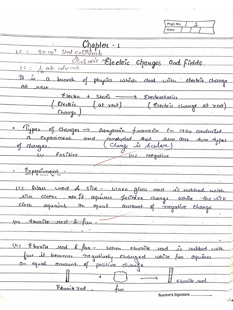 C-1 Electric Charges and Fields Handwritten Notes | PDF