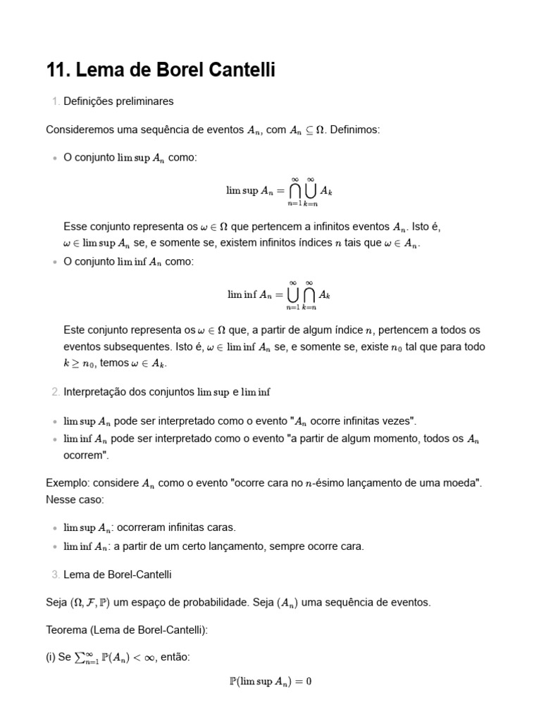 11. Lema de Borel Cantelli - Probabilidade B UFRGS | PDF | Matemática | Conceitos matemáticos