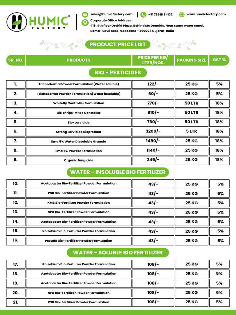Humic Factory Pricelist 2025-26 | PDF | Chelation ...