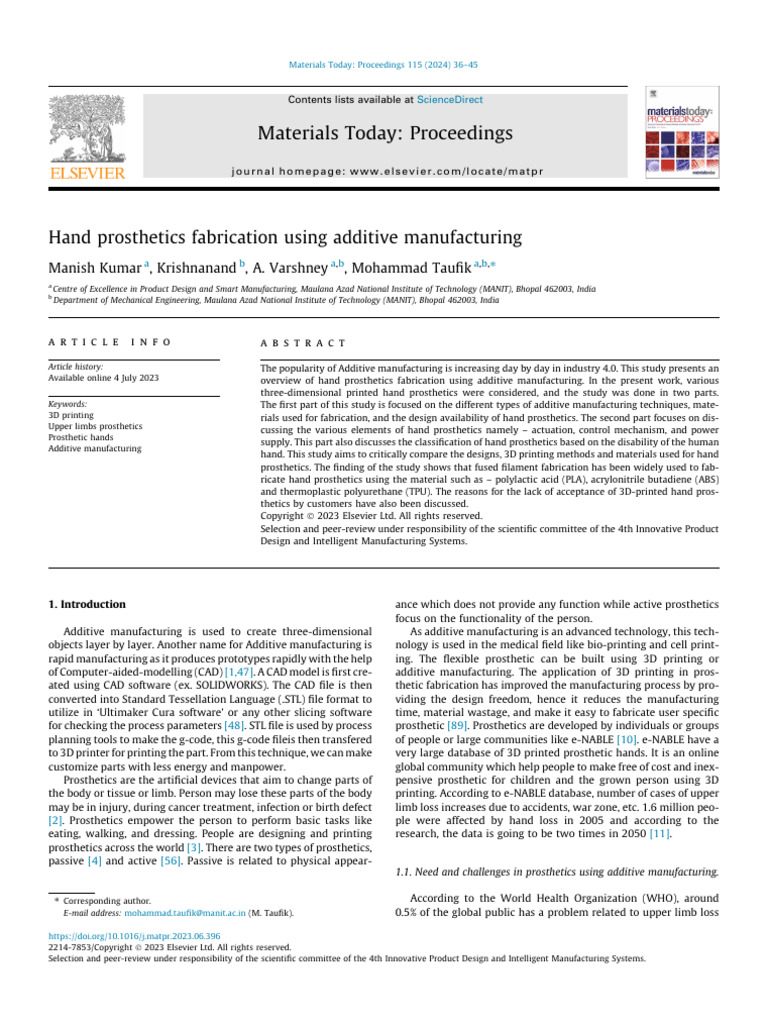1 s2.0 S2214785323037902 Main | PDF | 3 D Printing | Prosthesis