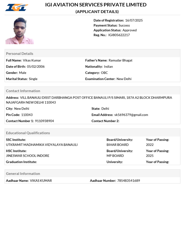 Application Status Vikas Kumar 0830011752678001 | PDF