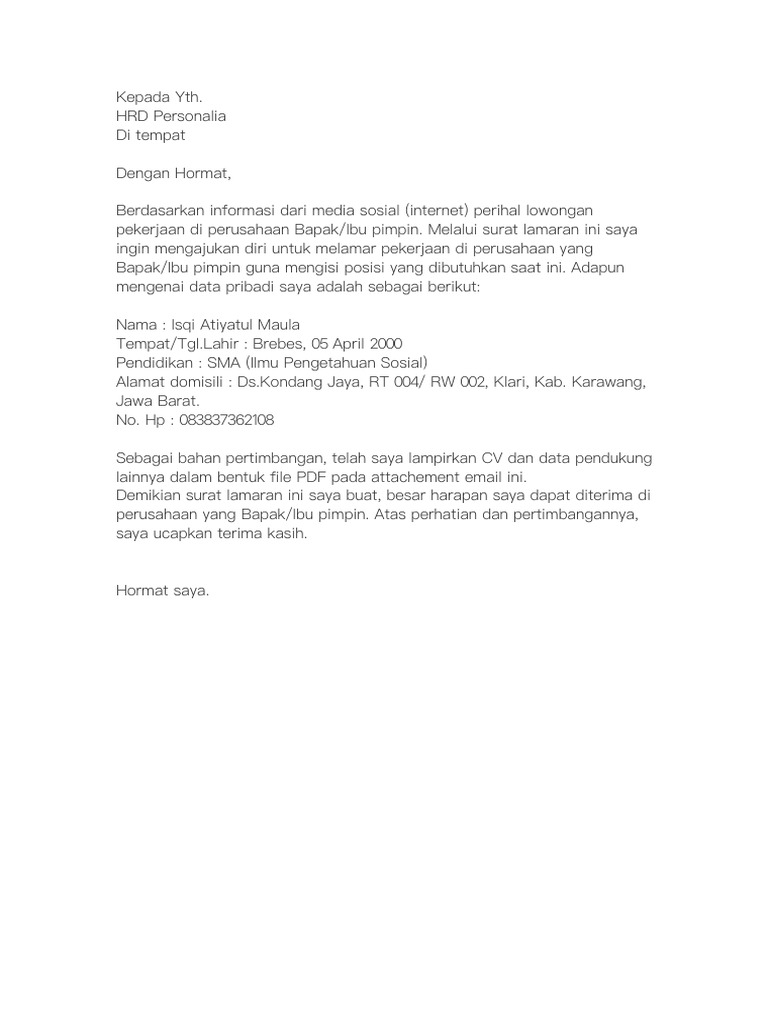 Contoh Surat Lamaran Kerja Simpel | PDF