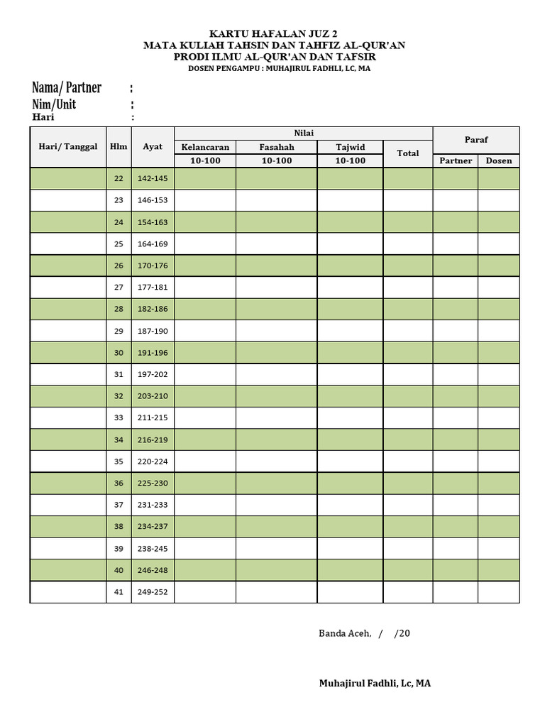 Kartu Muraja'Ah Hafalan Juz 2 | PDF