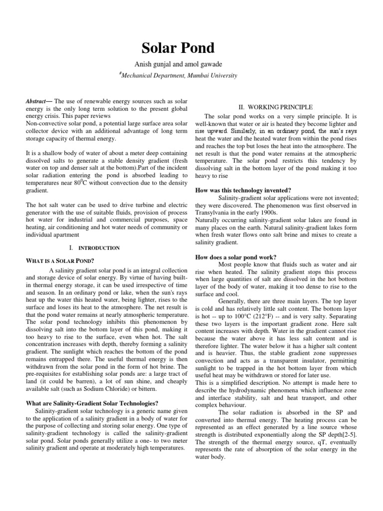 Solar Pond: Anish Gunjal and Amol Gawade | PDF | Solar Energy | Convection