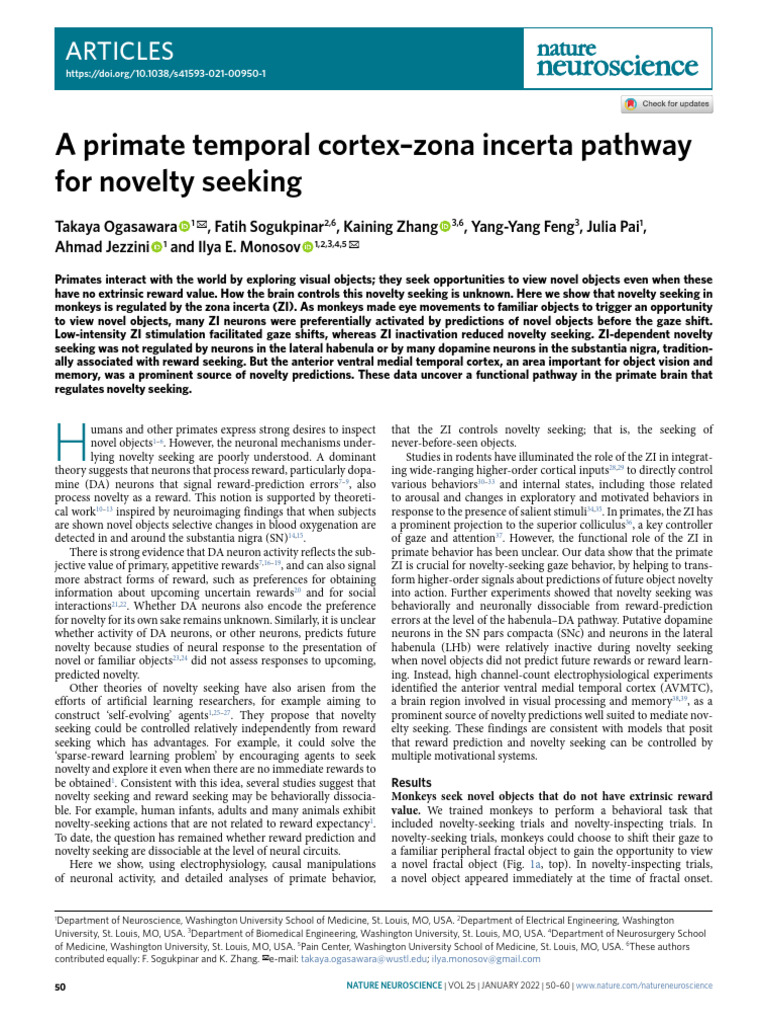 A Primate Temporal Cortex-Zona Incerta Pathway For Novelty Seeking ...