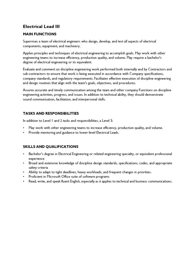 Electrical Lead III Job Description | PDF