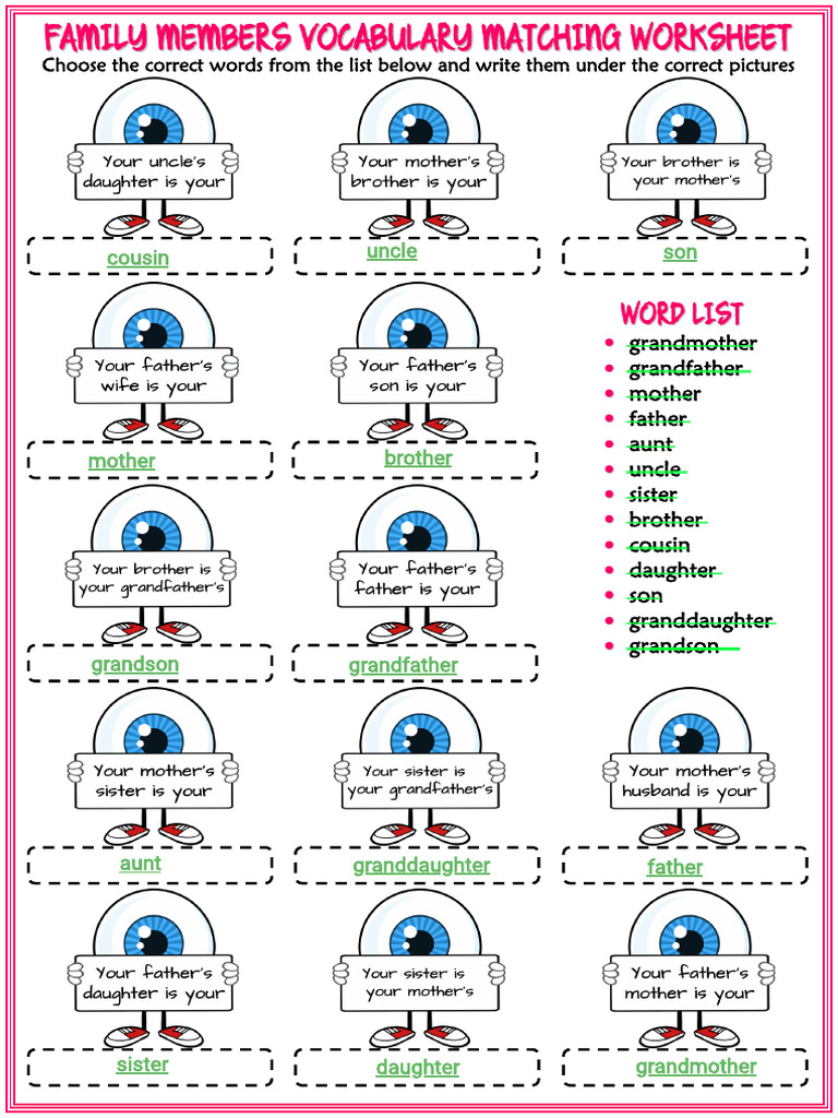Family Members Vocabulary Esl Matching Exercise Worksheet for Kids | PDF