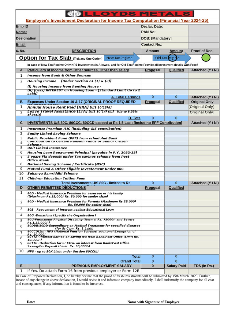 Tax Saving Declaration 2024-25 | PDF | Taxation | Economies