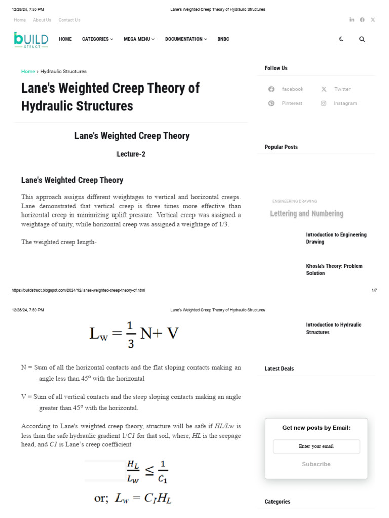 Lane's Weighted Creep Theory of Hydraulic Structures (L2) | PDF | Engineering | Applied And ...
