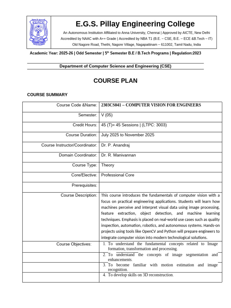 2303cs041 Computer Vision For Engineers Course Plan | PDF | Computer Vision | Image Segmentation