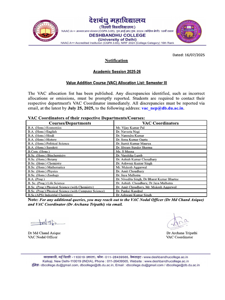 SEM 3 VAC List | PDF | Qualifications | Academic Degree