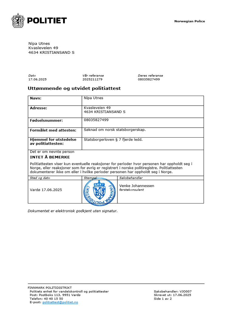 2025.06.17 Politi - Og Lensmannsetaten Politiattest | PDF