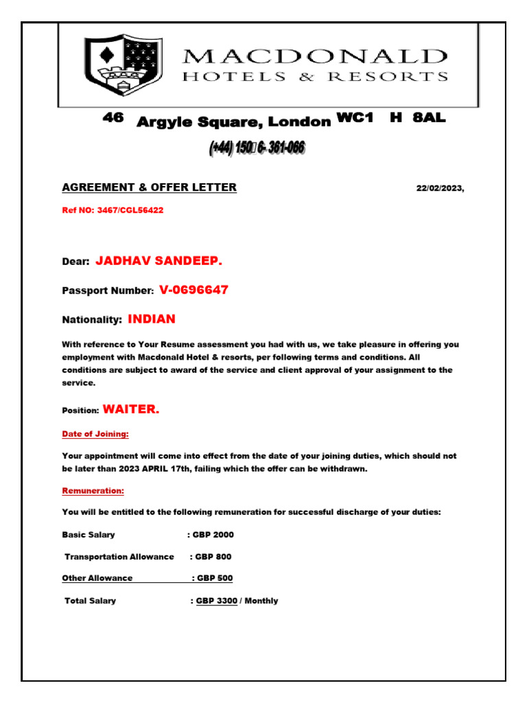 Macdonald Hotels & Resorts Agreement Letter (Jadhav Sandeep) | PDF ...