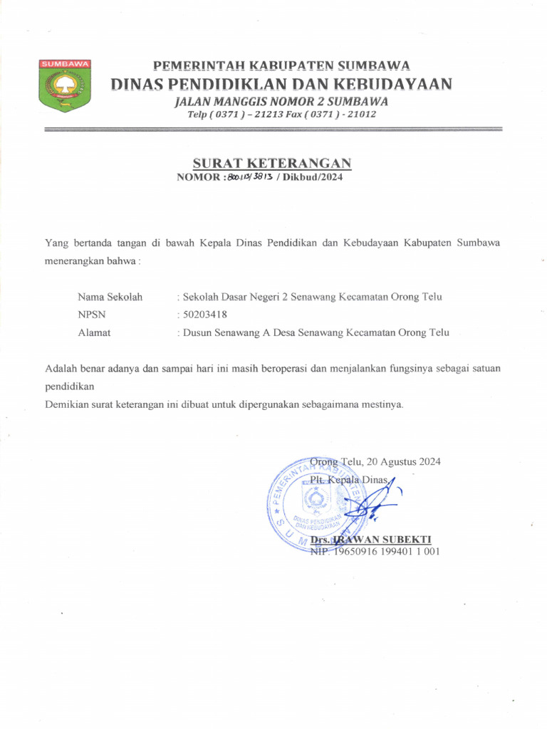 Surat Ijin Operasional SDN 2 Senawang | PDF