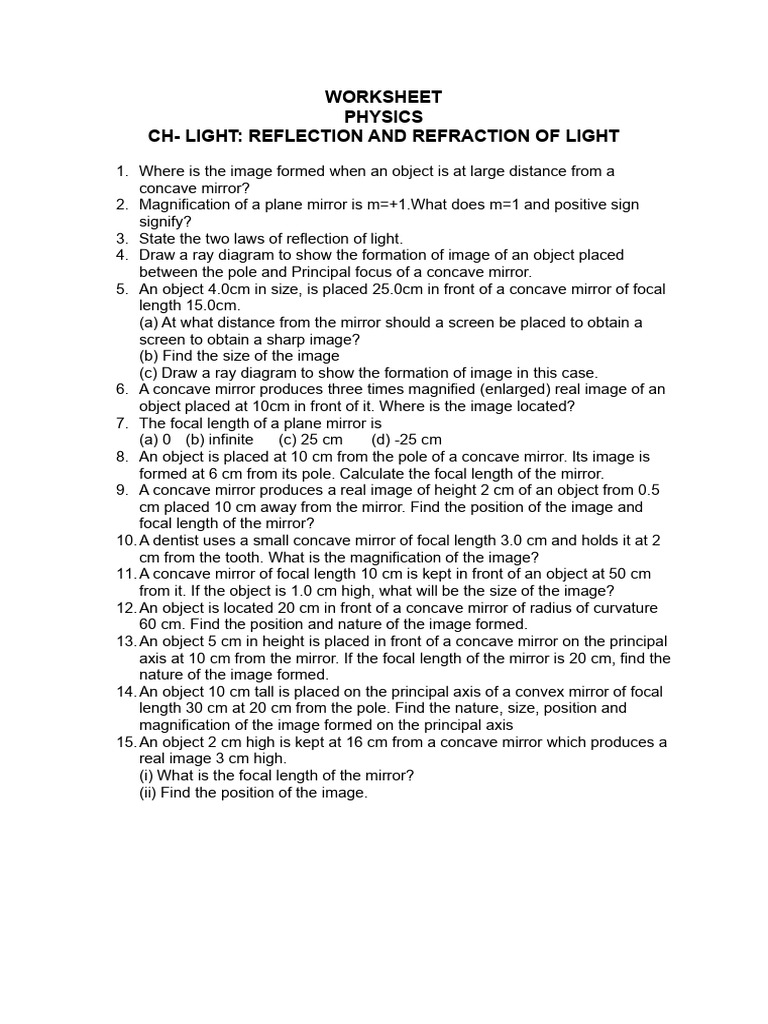 Class 10 Physics: Reflection of Light Worksheet | PDF