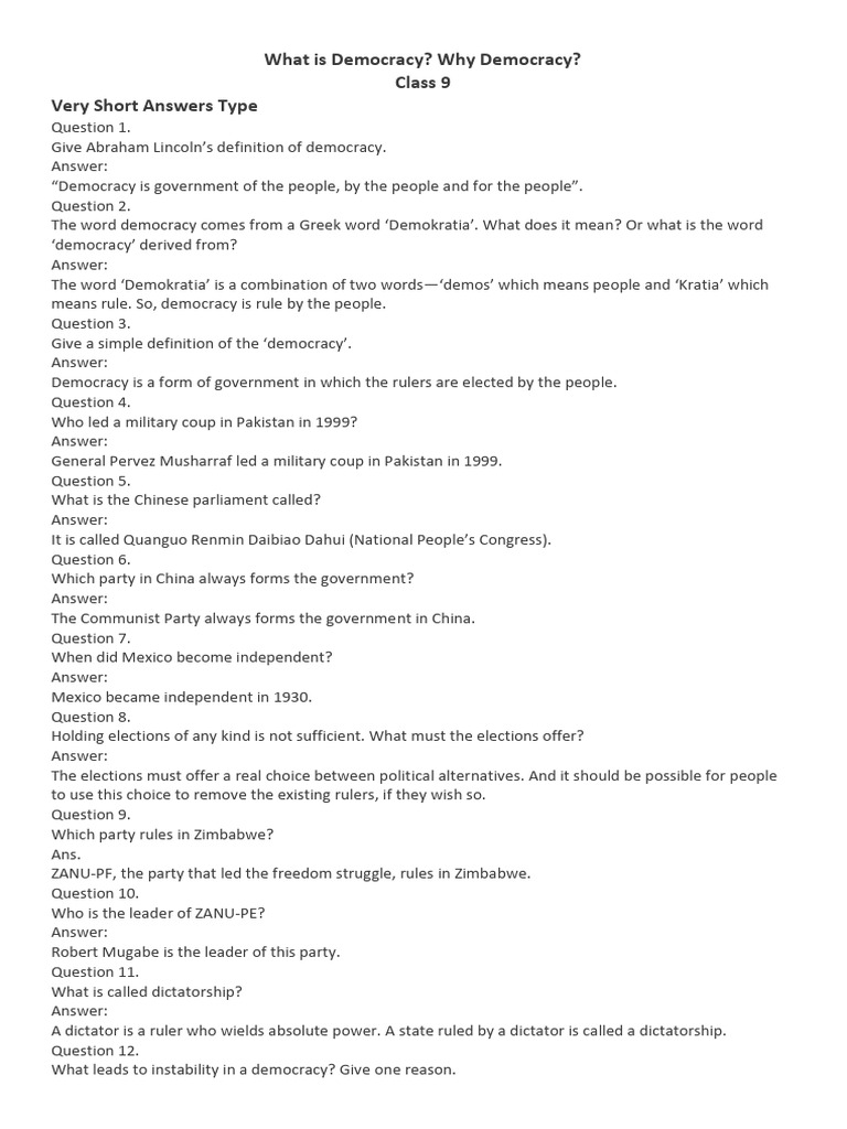 Important Answer Ch.1 Civics Class 9th | PDF | Democracy | Political ...