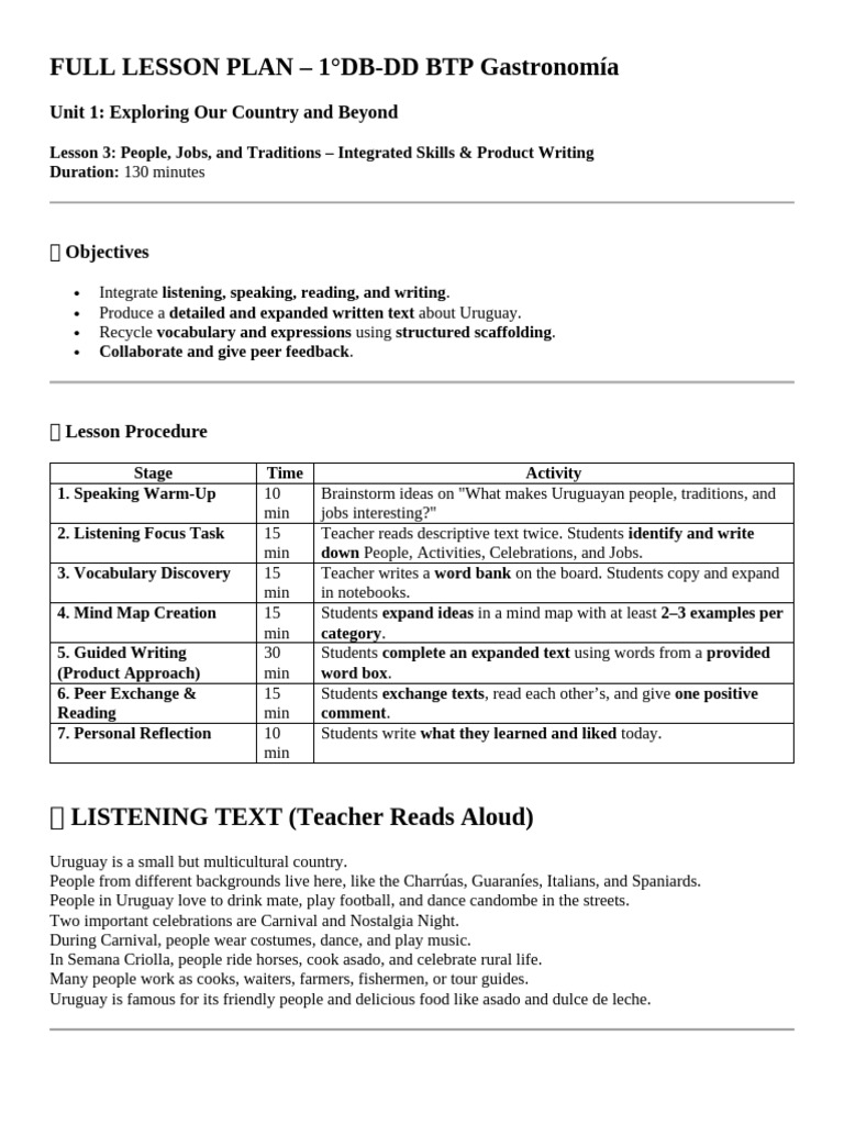 Unit 1 Lesson Plan 3 | PDF | Lesson Plan | Uruguay