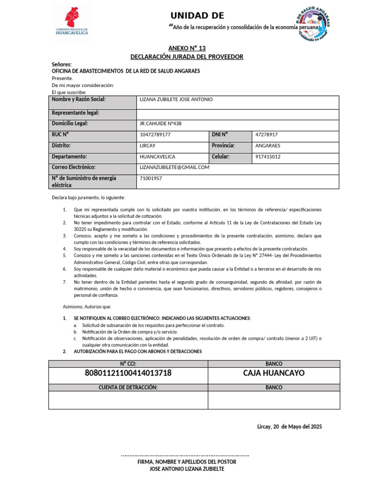 Anexo #13 - Declaracion Jurada Proveedor | PDF