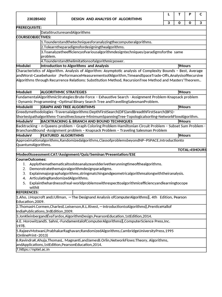 2302bs402 Daa Syllabus Updated | PDF | Computer Programming | Combinatorics