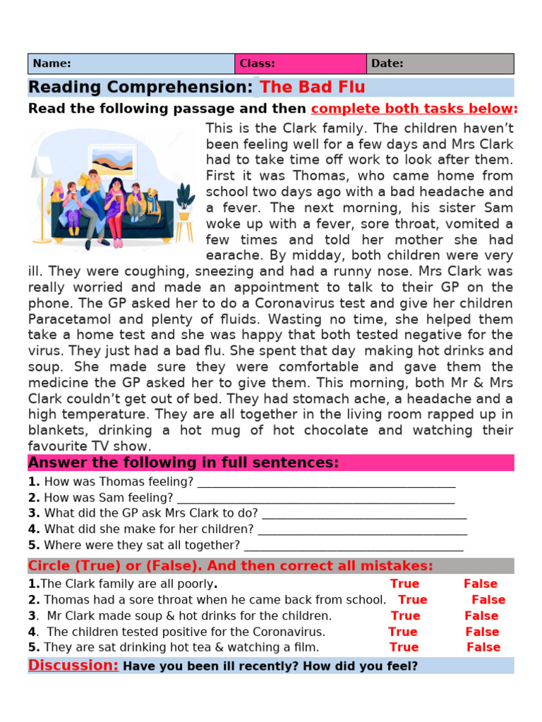 Reading Comprehension The Bad Flu Reading Comprehension Exercises ...